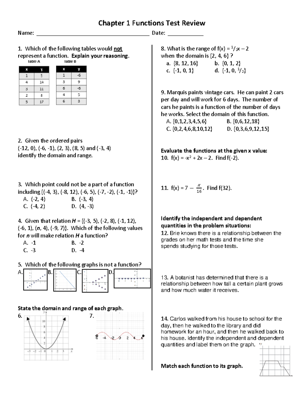 Chp 1 Functions Test Review - Chapter 1 Functions Test Review Name ...