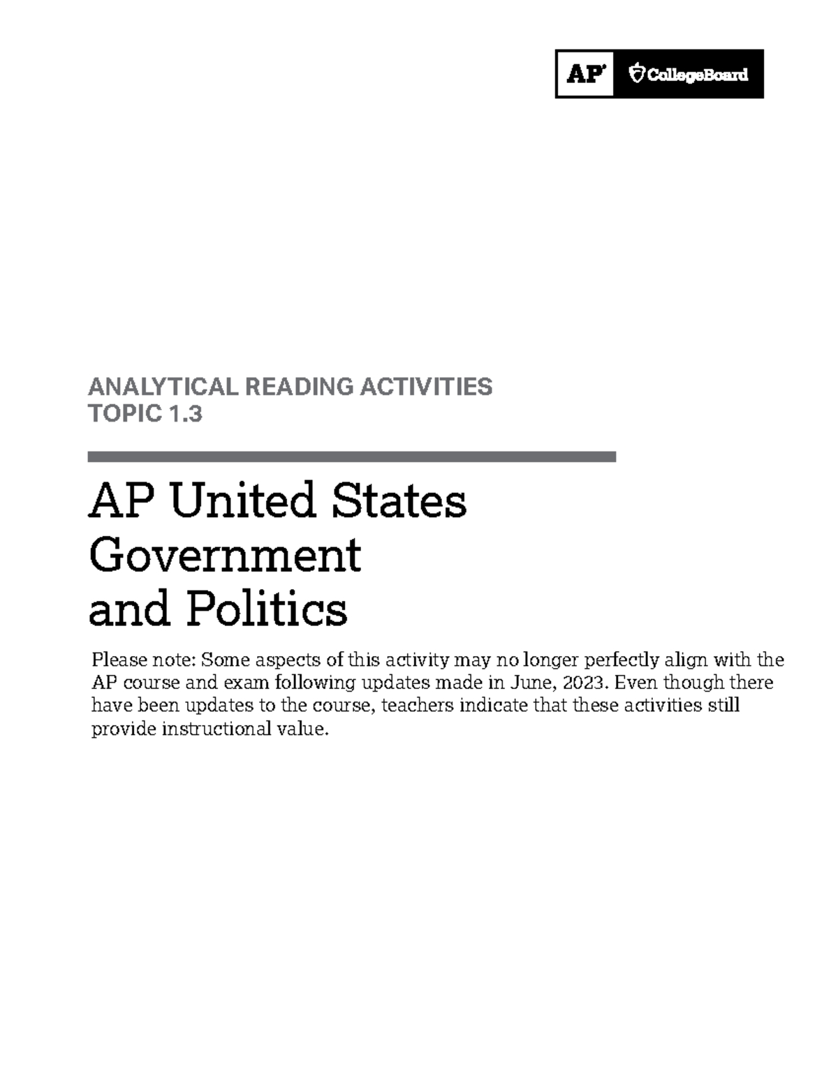 Analytical Reading Activities 1.3 - AP United States Government and ...