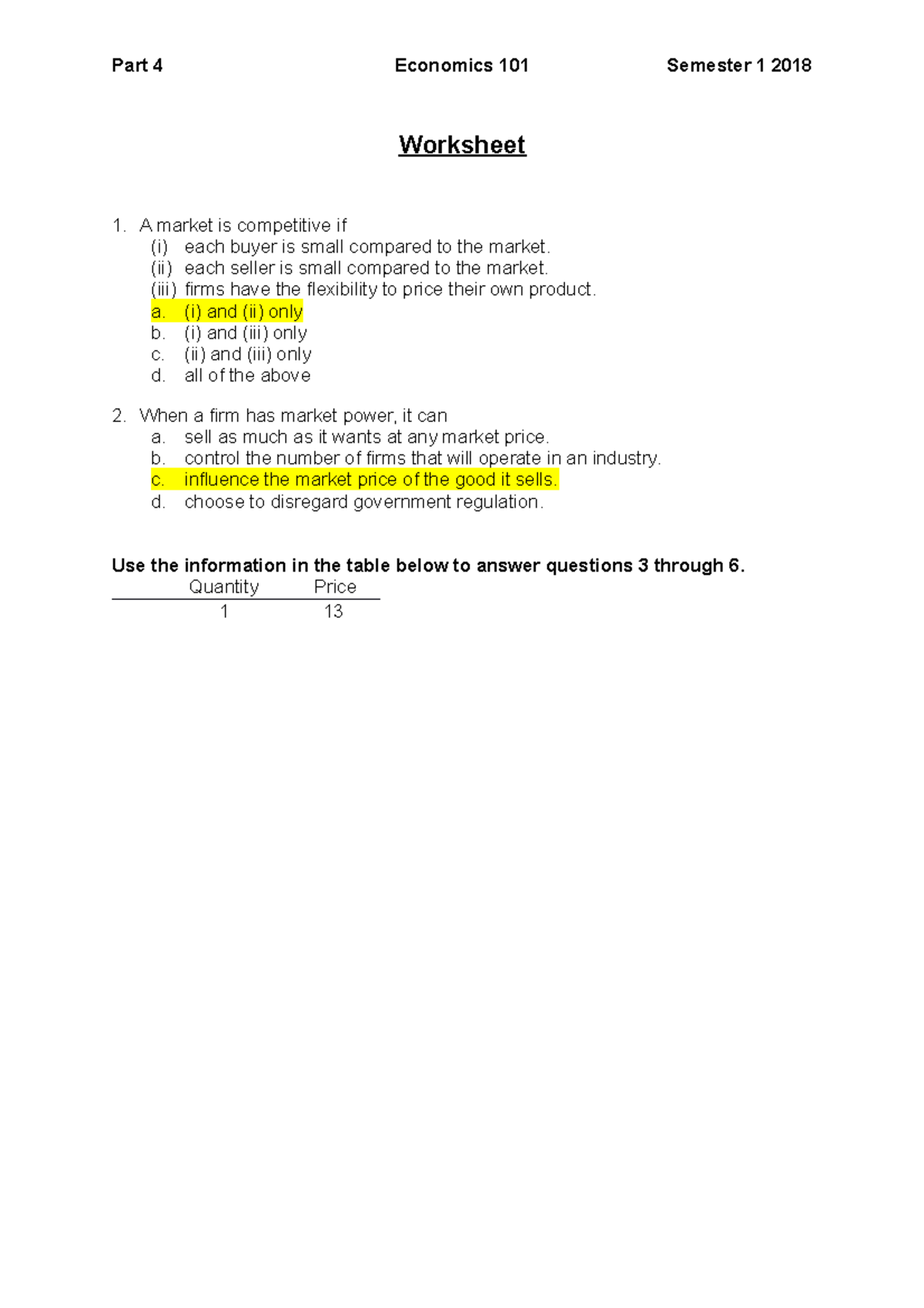Worksheet Topic 4 memo - Tutorial work answers - Worksheet A market is ...
