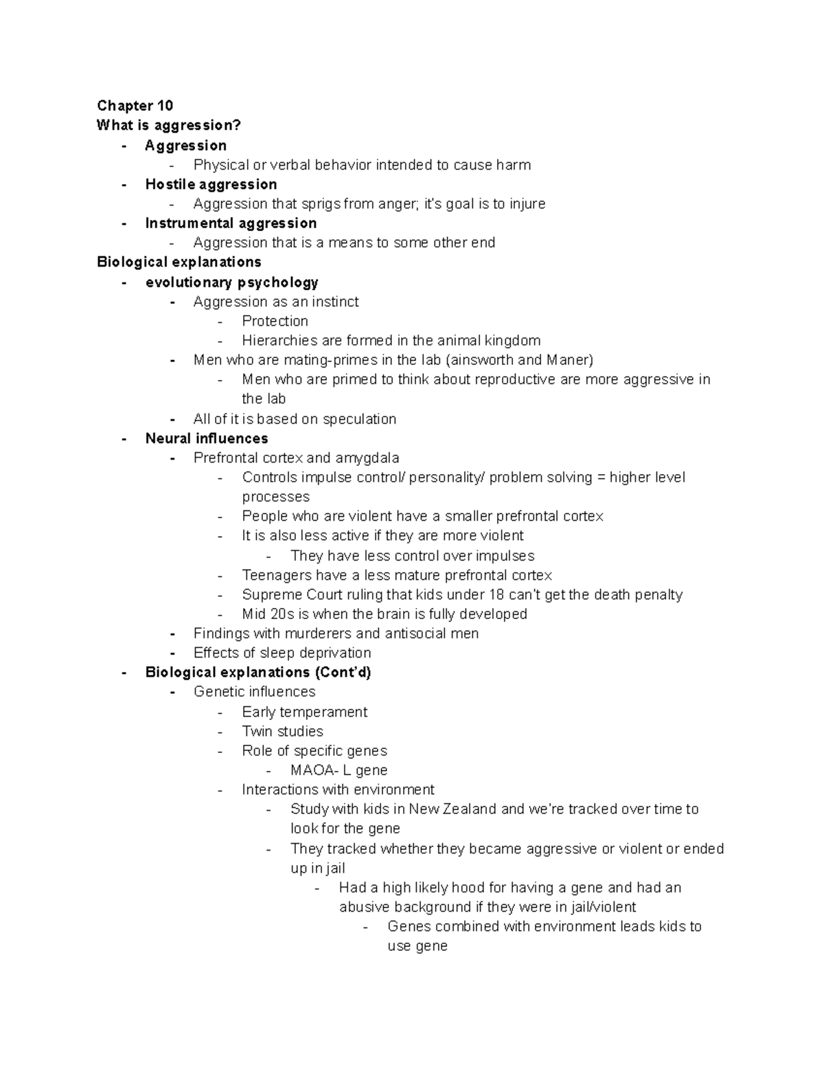 Class Notes Week 8 - Chapter 10 What is aggression? - Aggression ...