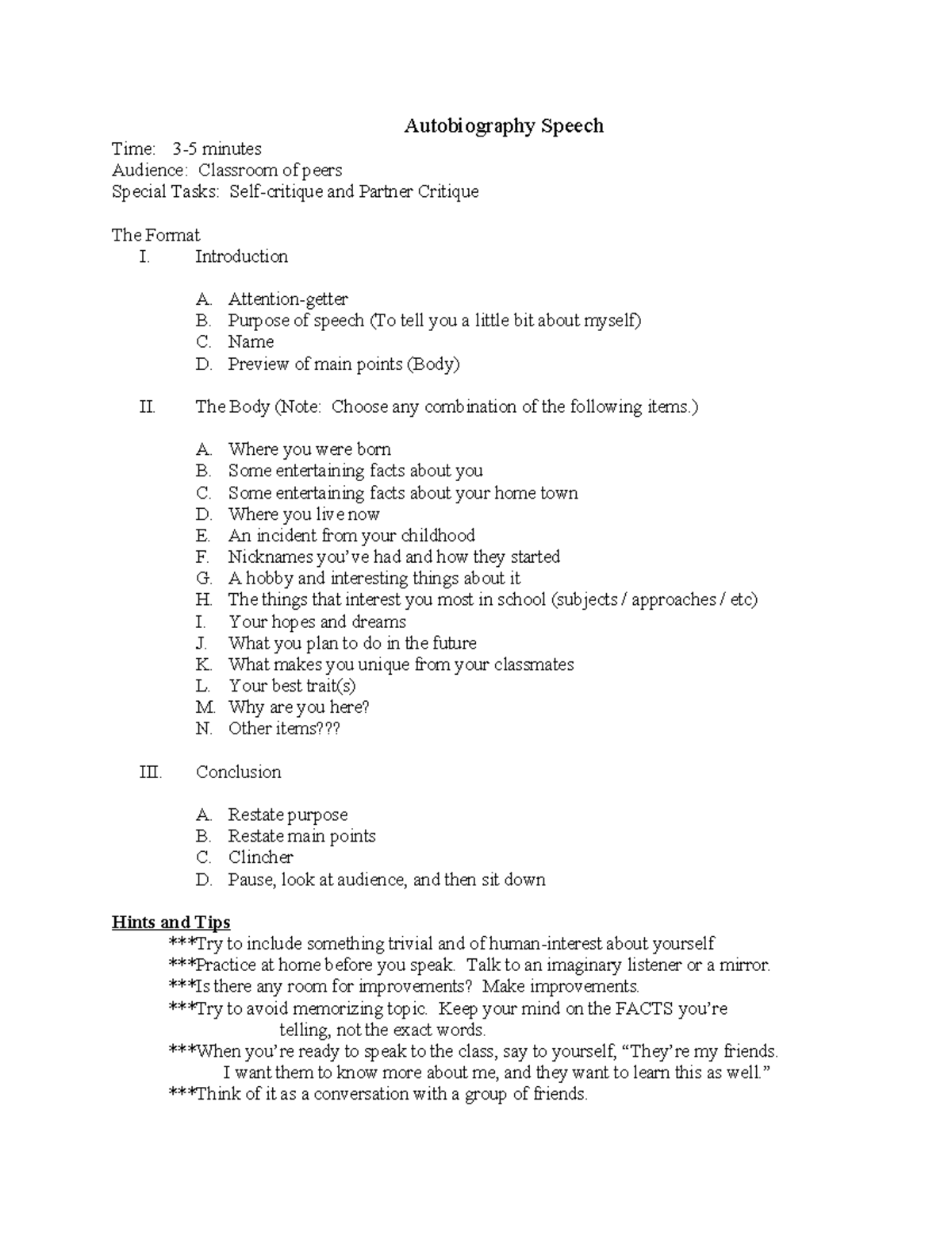 Practice Speech Autobiography Speech - Autobiography Speech Time: 3-5 ...