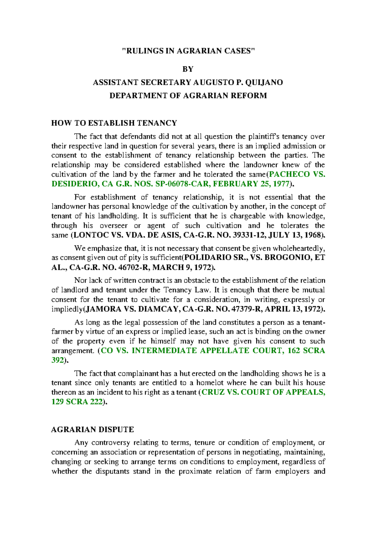 Rulings in Agrarian Cases - "RULINGS IN AGRARIAN CASES" BY ASSISTANT ...
