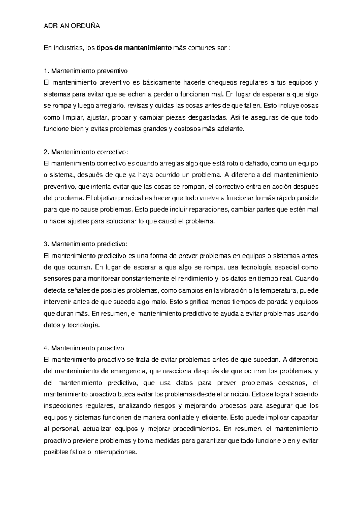 Tipos de mantenimiento AO - ADRIAN ORDUÑA En industrias, los tipos de ...