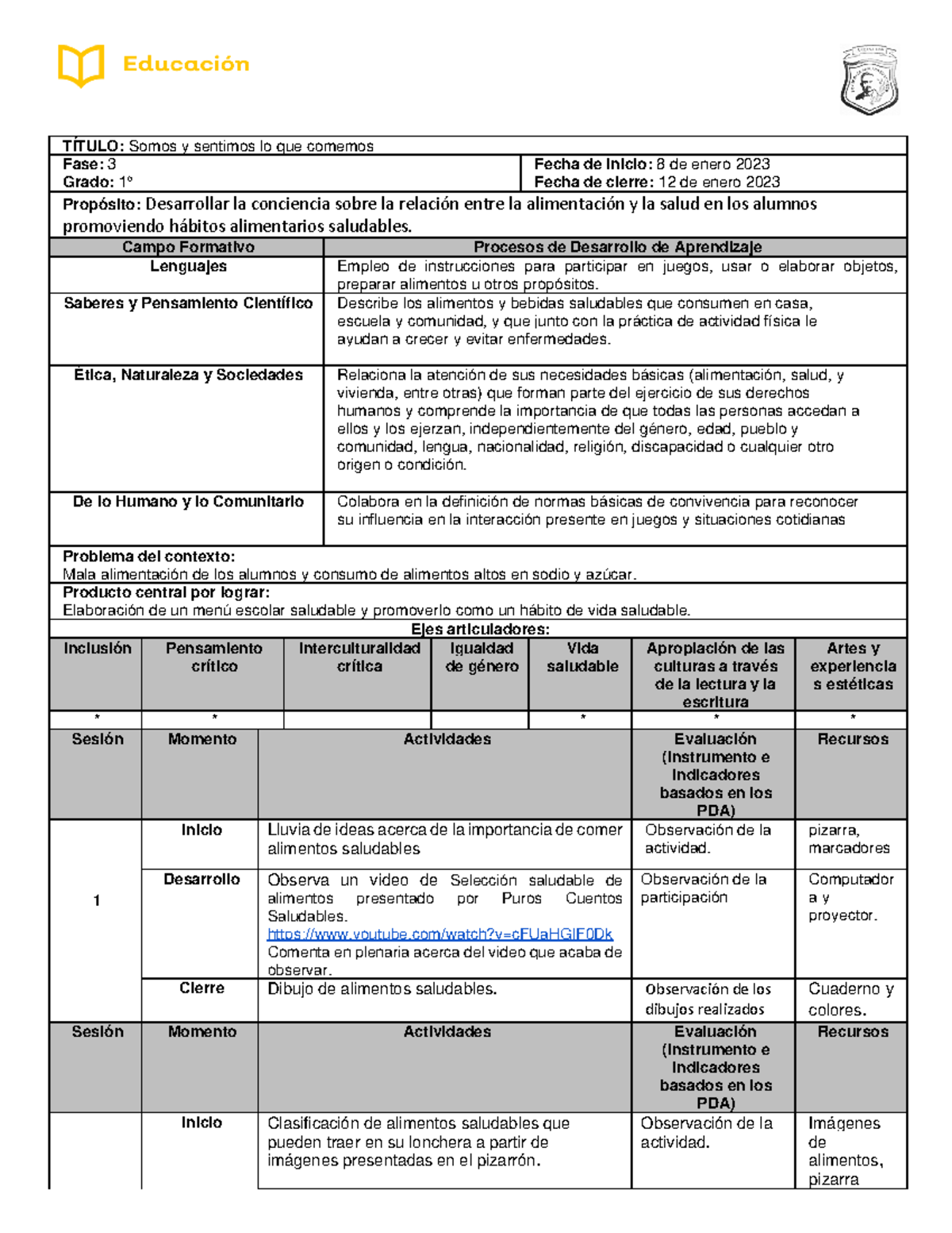 Proyecto Somos y sentimos lo que comemos 1° - TÍTULO: Somos y sentimos ...