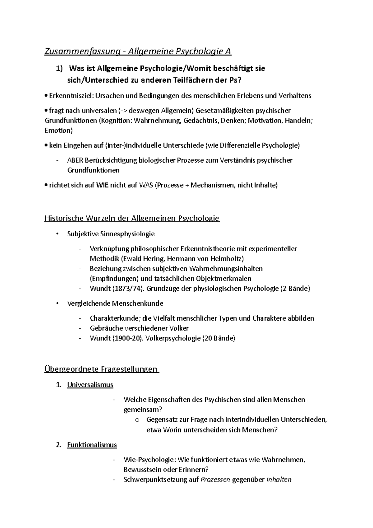 Allgemeine Psychologie A Lernzettel Zsmfassung - Zusammenfassung - Allgemeine Psychologie A 1 ...