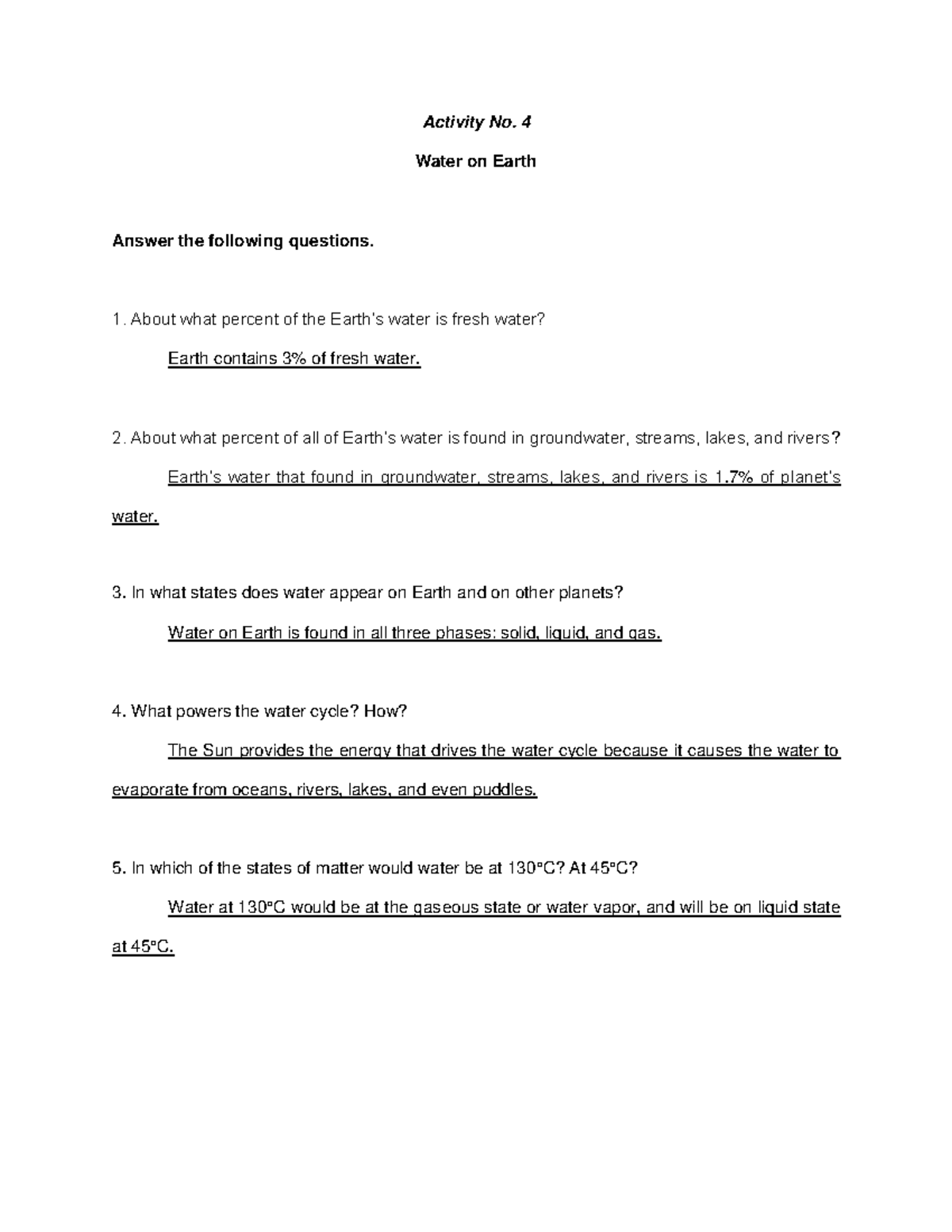 Geelec 3 Act 4 - Activity No. 4 Water on Earth Answer the following ...