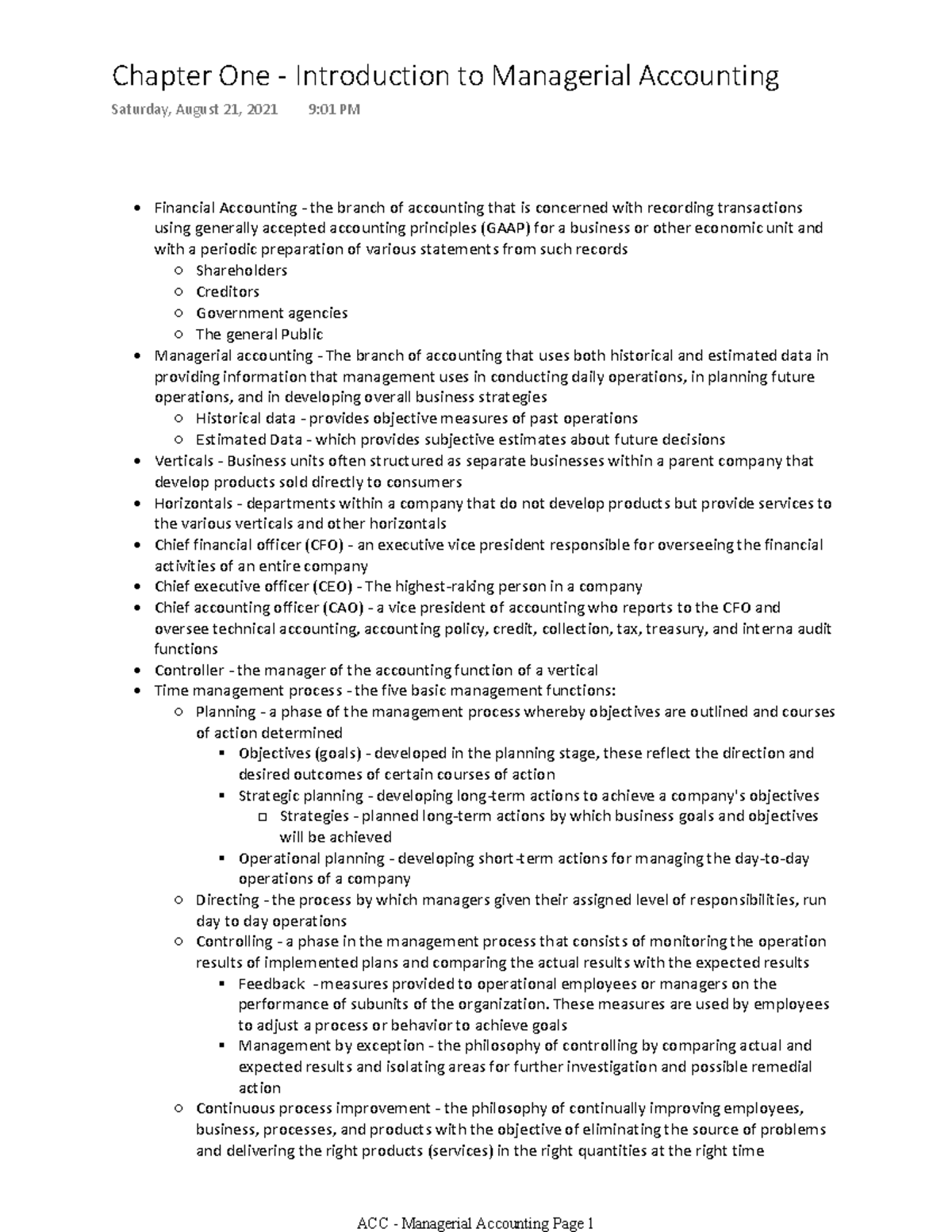 ACC CH1 - Chapter One Lecture Notes - Financial Accounting -the branch ...