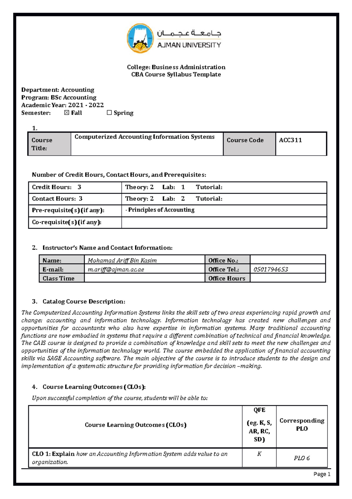 ACC311 - Computerized Accounting Information Systems - Syllabus - 2022 ...