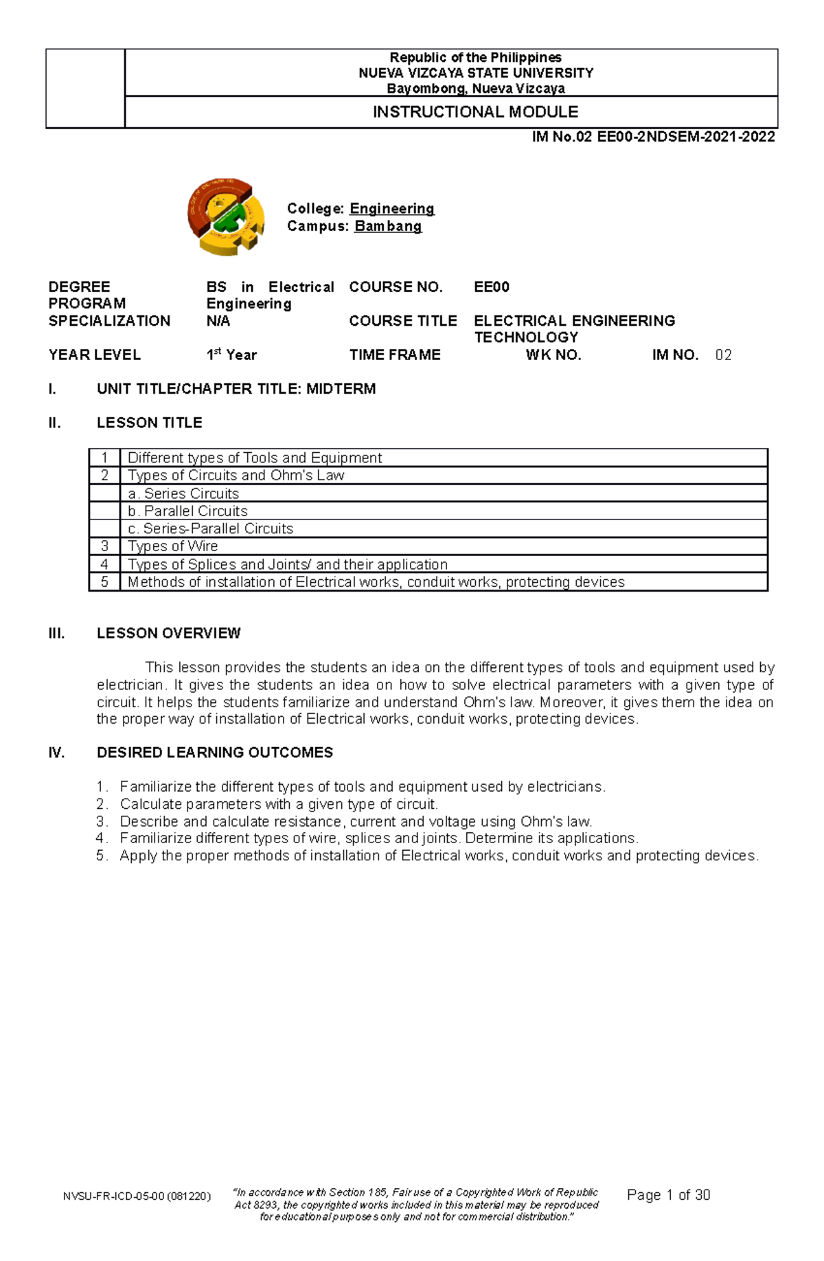 IM 2 EE TECH - EE TECH Lecture Notes BSEE 1 - NUEVA VIZCAYA STATE ...