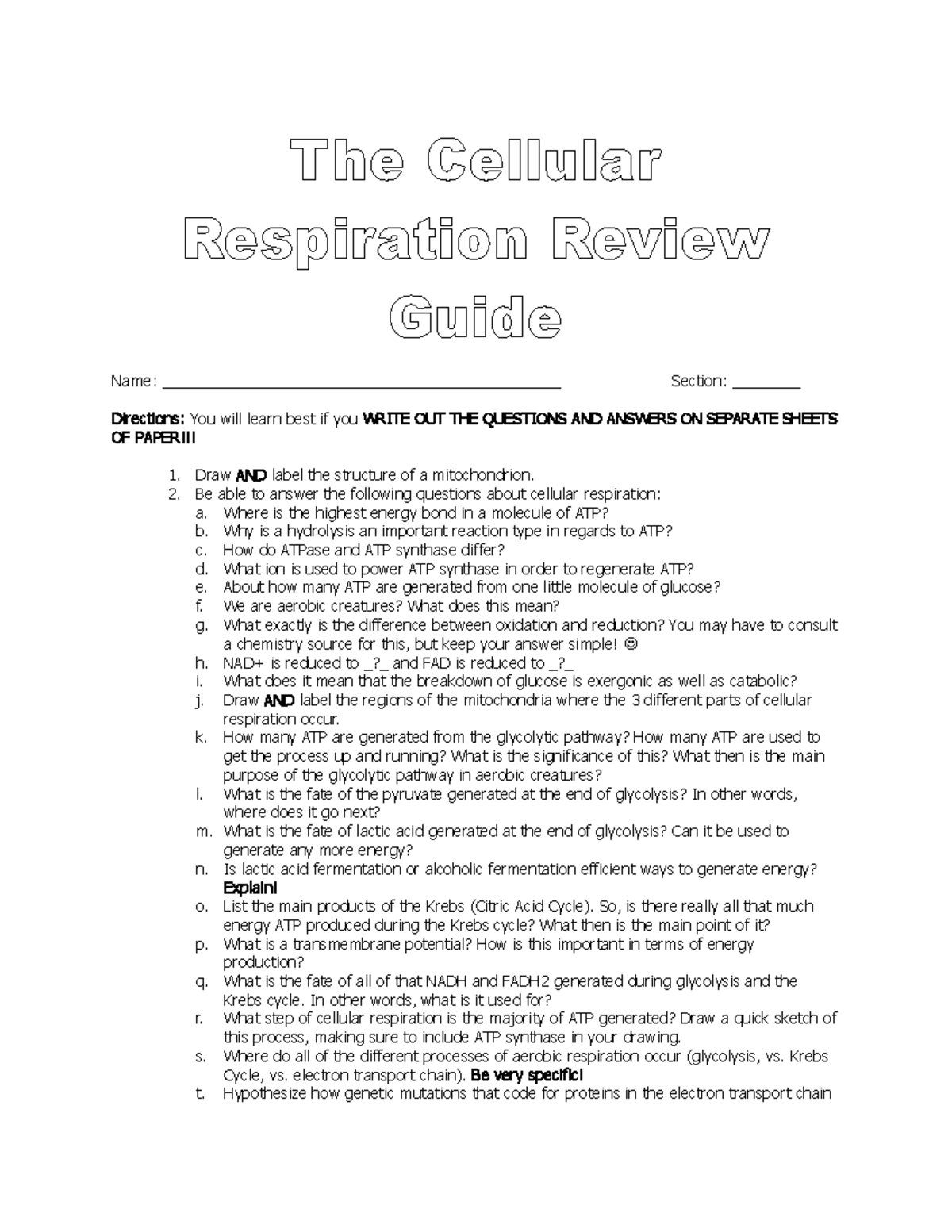 The Cellular Respiration Review Guide - Name
