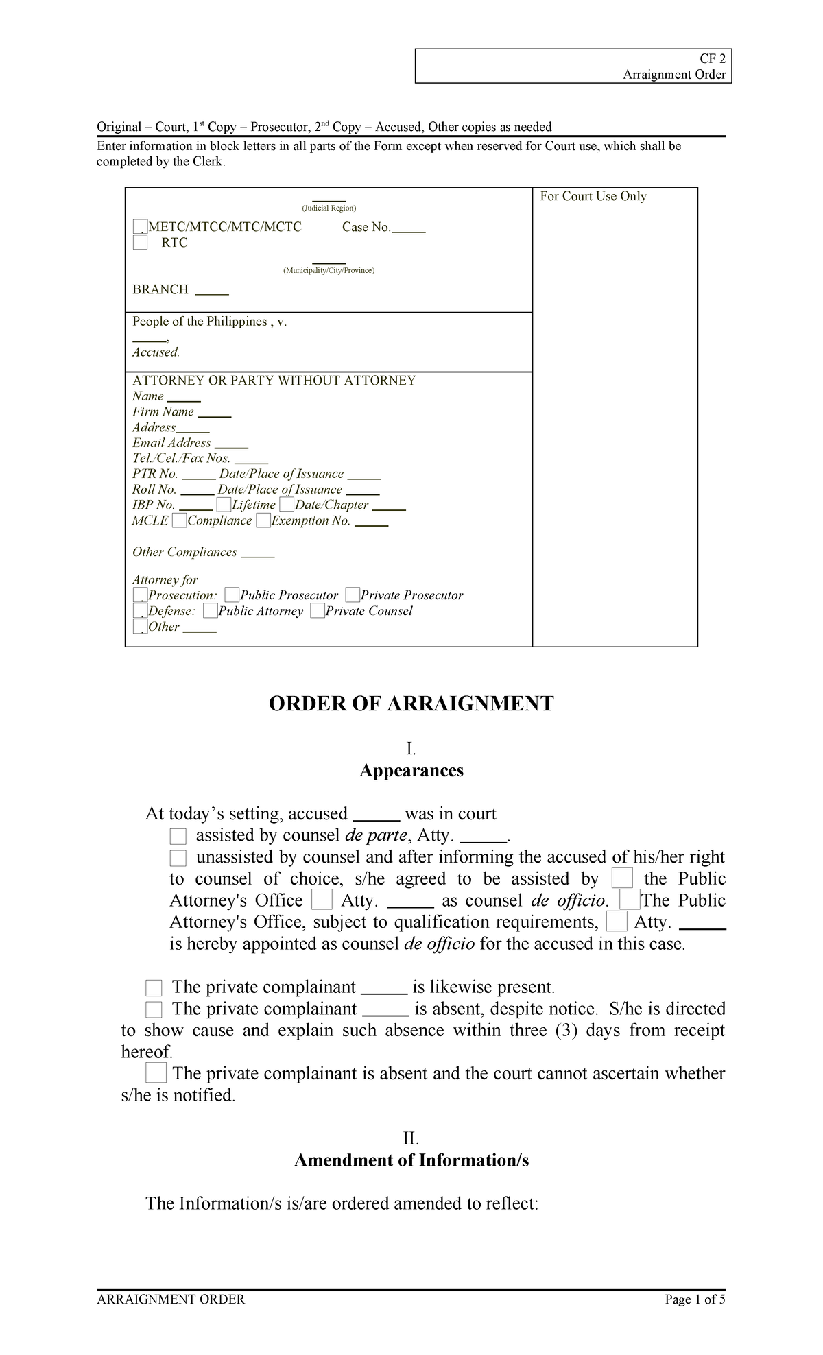 CF 2 Order of Arraignment - Arraignment Order Original – Court, 1st ...