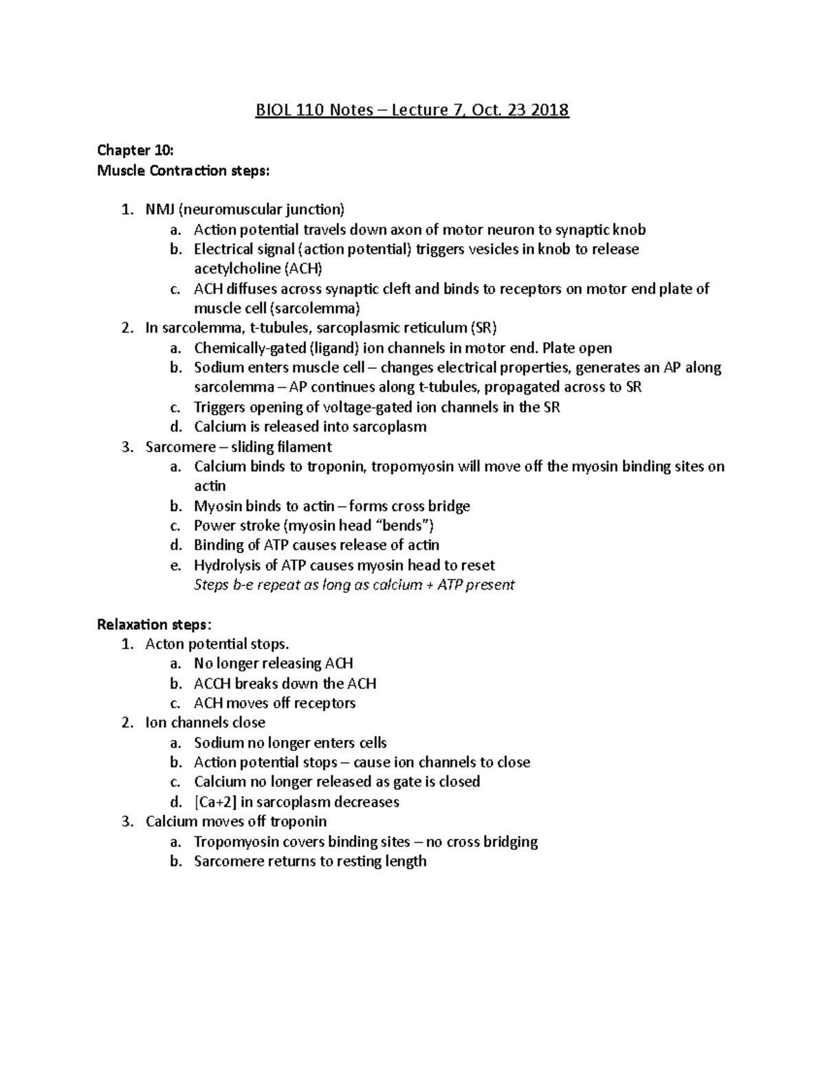 BIOL 110 Notes lect 7 Oct 23 - BIOL 110 Notes – Lecture 7, Oct. 23 2018 ...