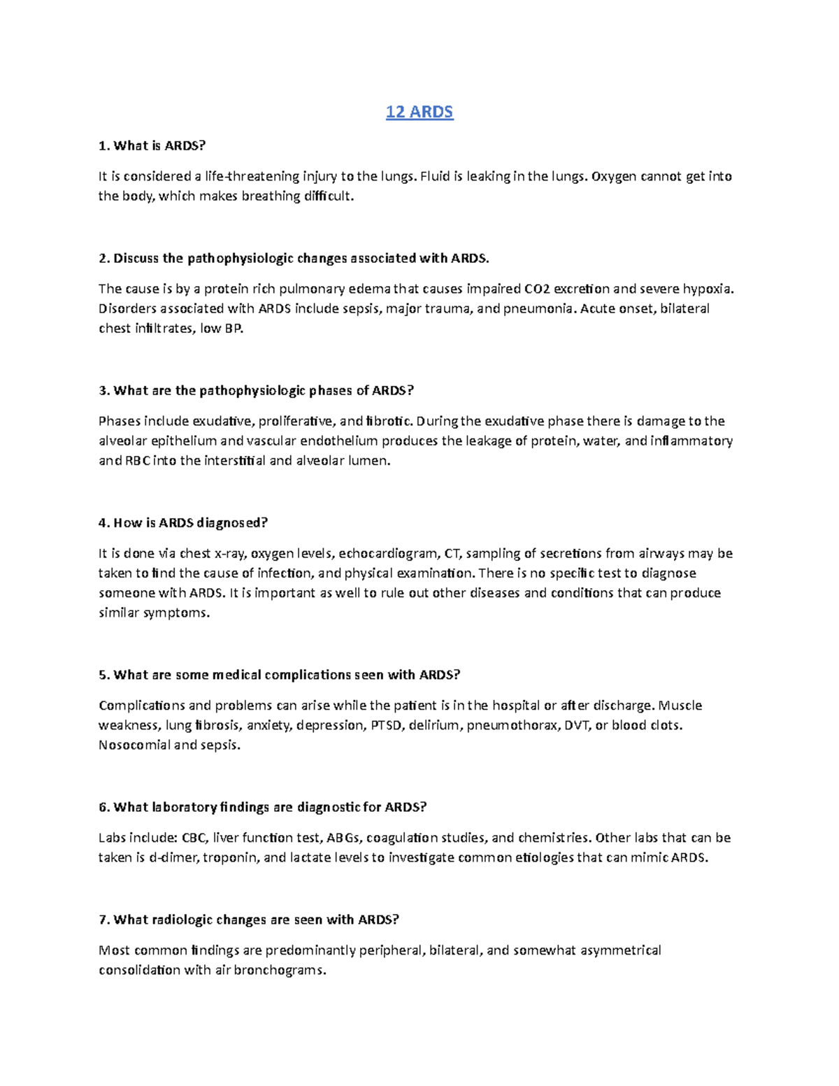 ARDS case study - 12 ARDS What is ARDS? It is considered a life ...