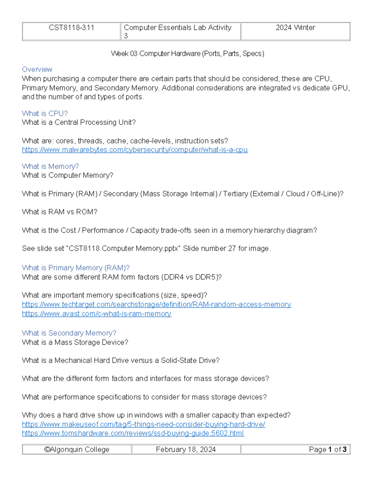 Lab Activity 3 Worksheet 2024 Winter - CST8118-311 Computer Essentials Lab Activity 3 2024 ...