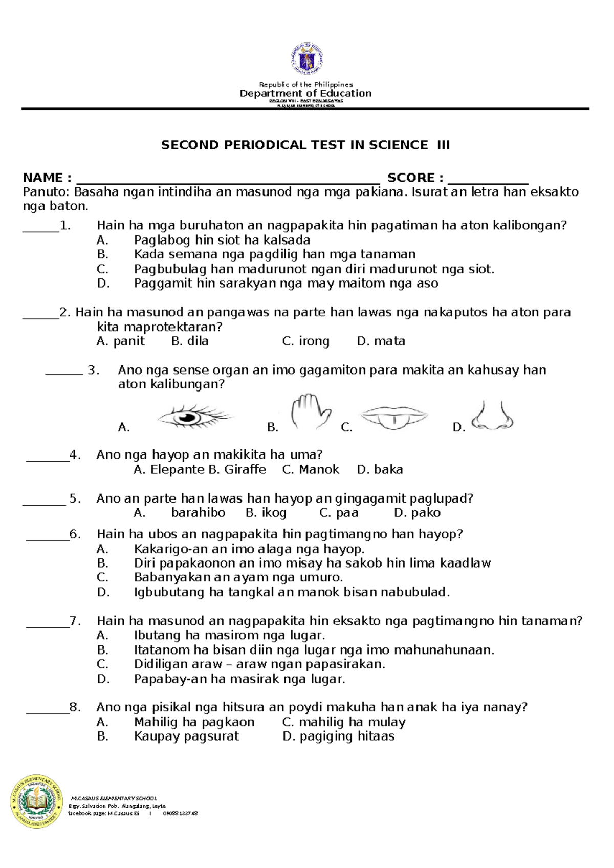 Sample Periodical Test in Science 3 - Department of Education ...