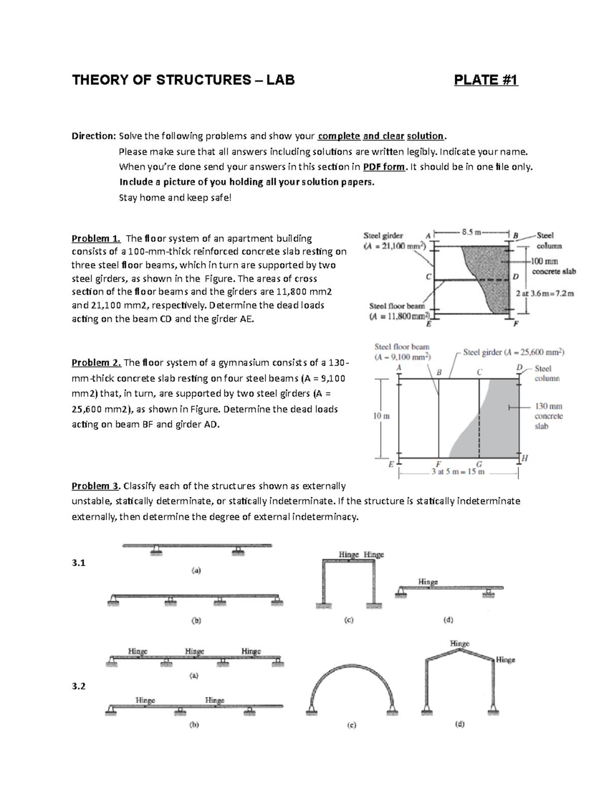 TOS-LAB- Plate 1 - Practice problem - THEORY OF STRUCTURES – LAB PLATE Direction: Solve the ...