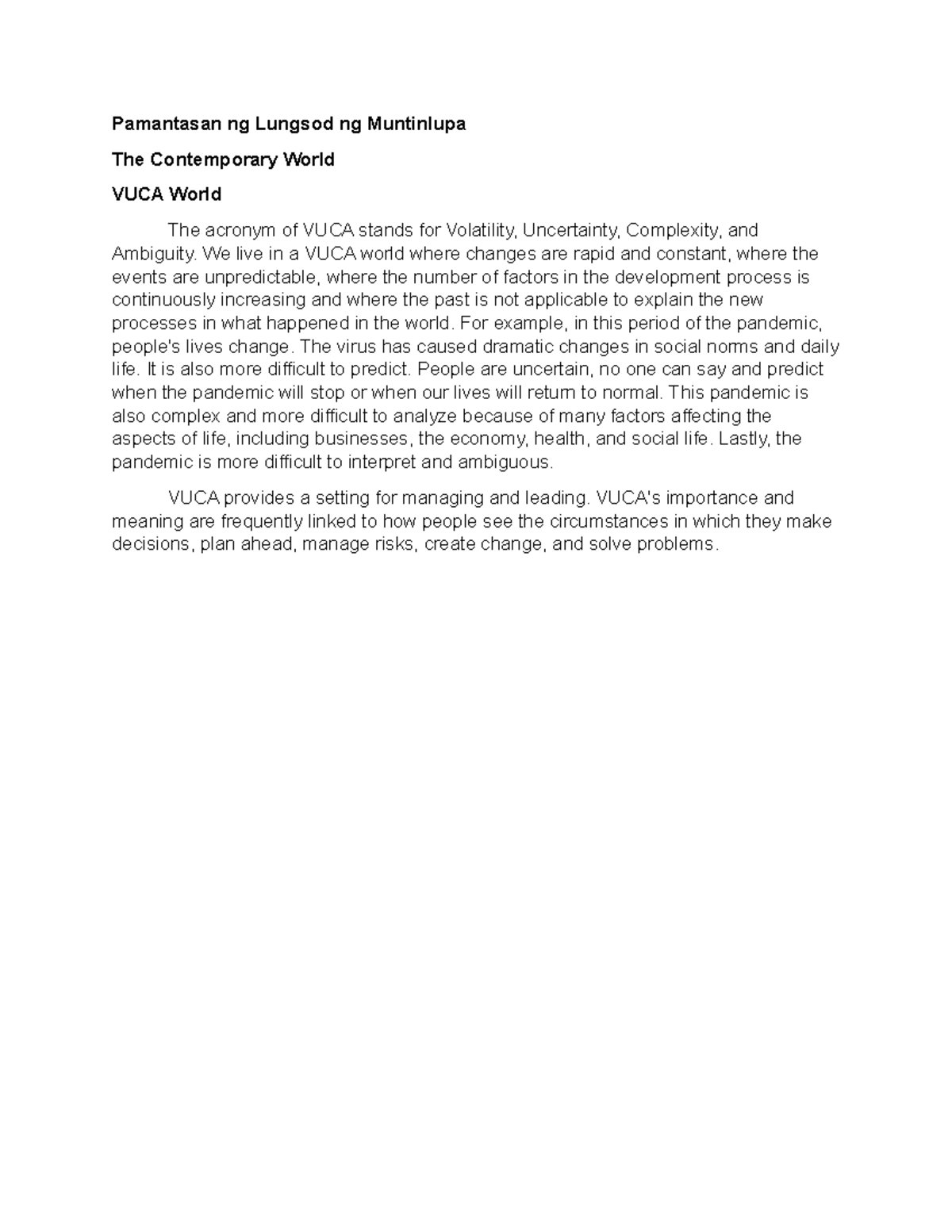Vuca World - Pamantasan ng Lungsod ng Muntinlupa The Contemporary World ...