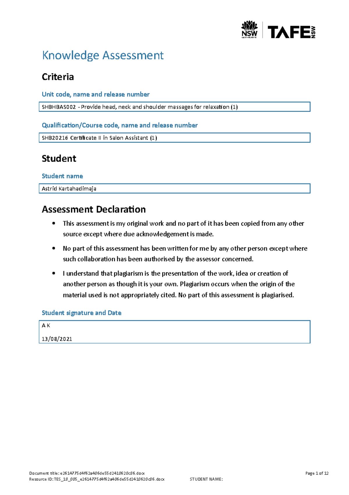 Shbhbas 002 AE Kn 2of2 - Cert II salon assistant - Knowledge Assessment ...