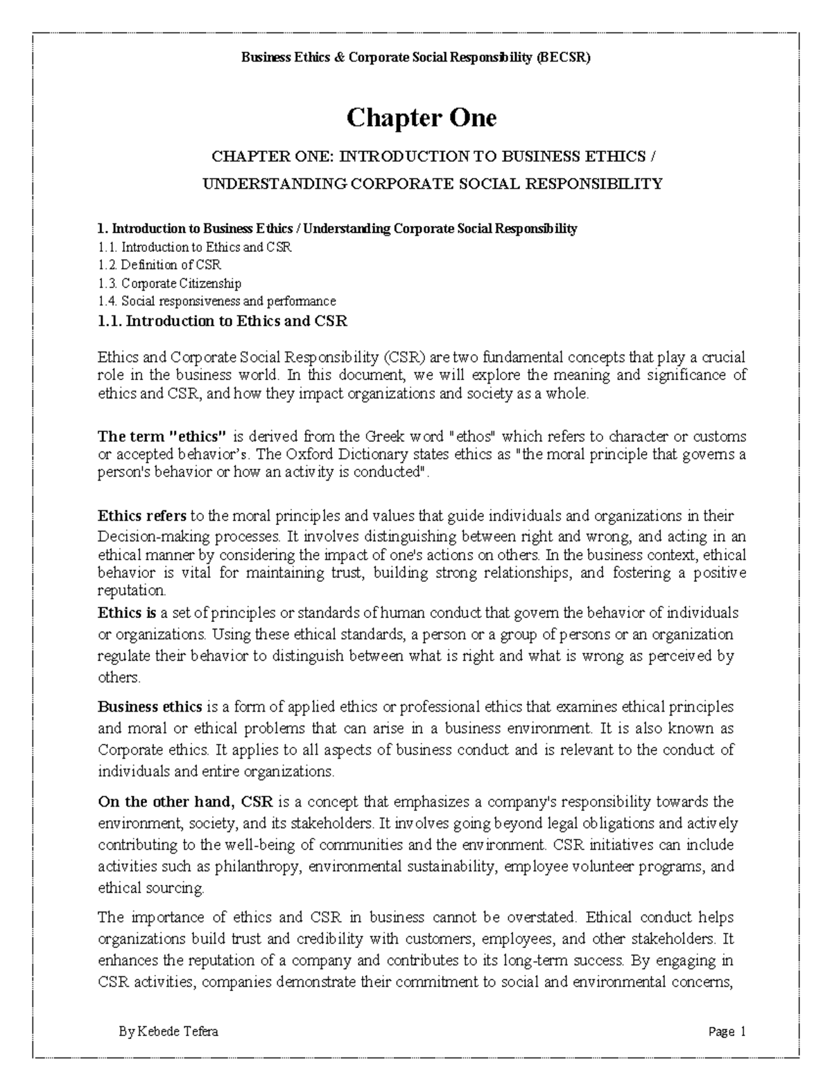 Chapter-1 - Business Ethics - Chapter One CHAPTER ONE: INTRODUCTION TO ...