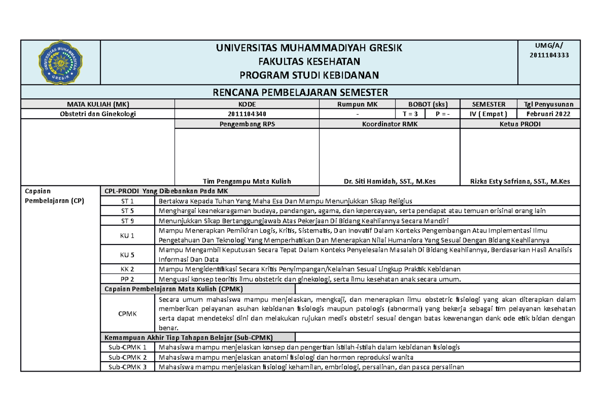 RPS Obgyn 2021-2022 Genap - Ketrampilan Dasar Praktik Kebidanan - Studocu