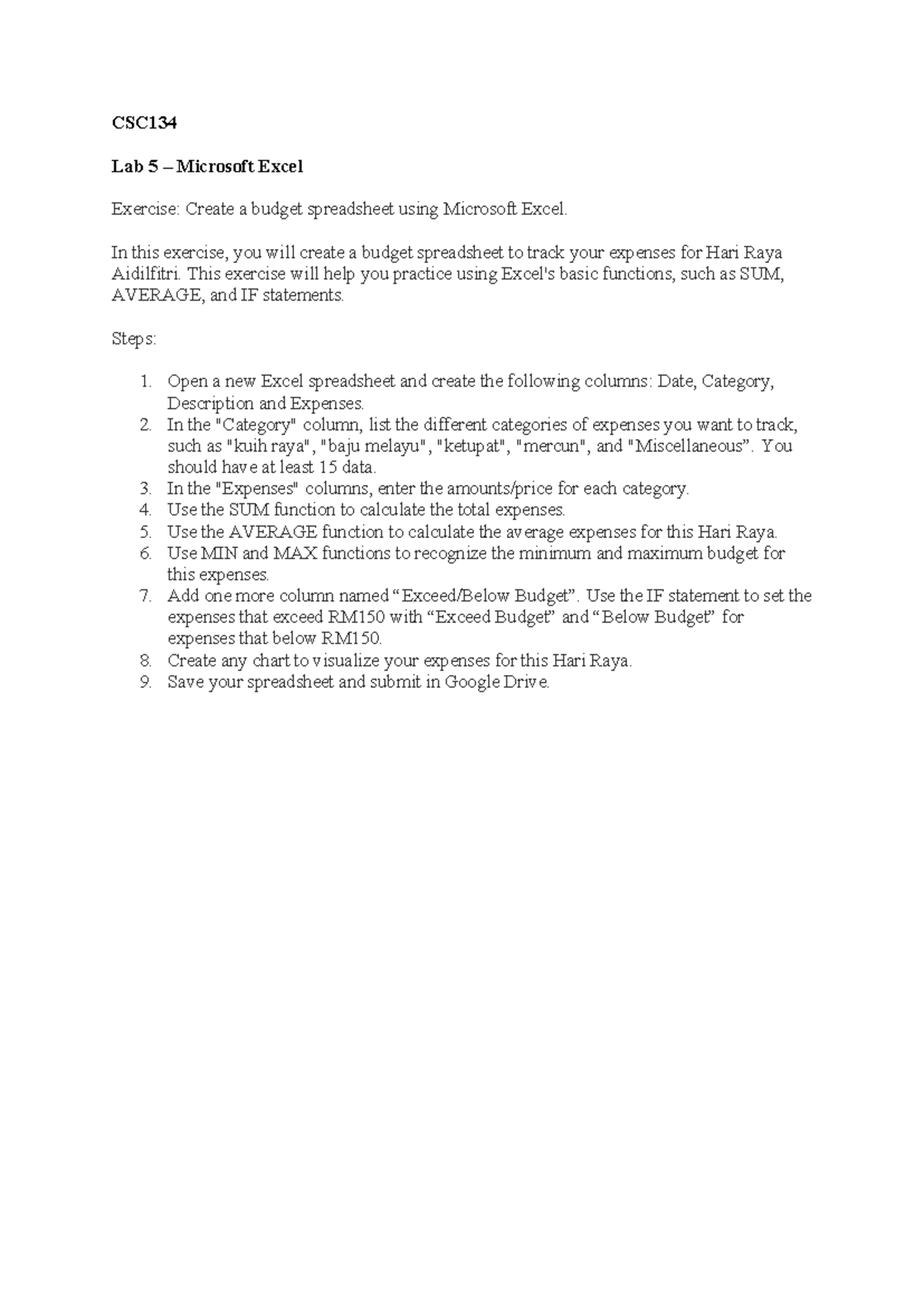 CSC134 Lab 5 - CSC Lab 5 – Microsoft Excel Exercise: Create a budget ...