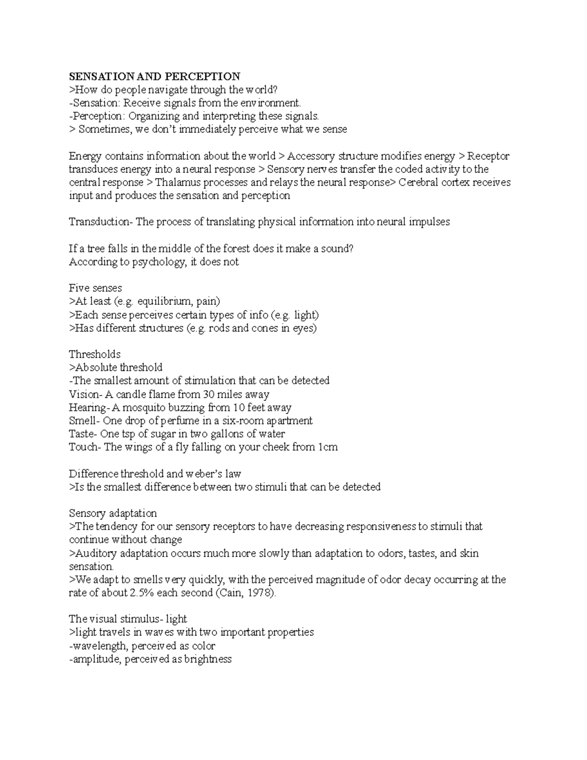 PSY Notes 1 - Professor was Shira Gabriel Klaiman - SENSATION AND ...