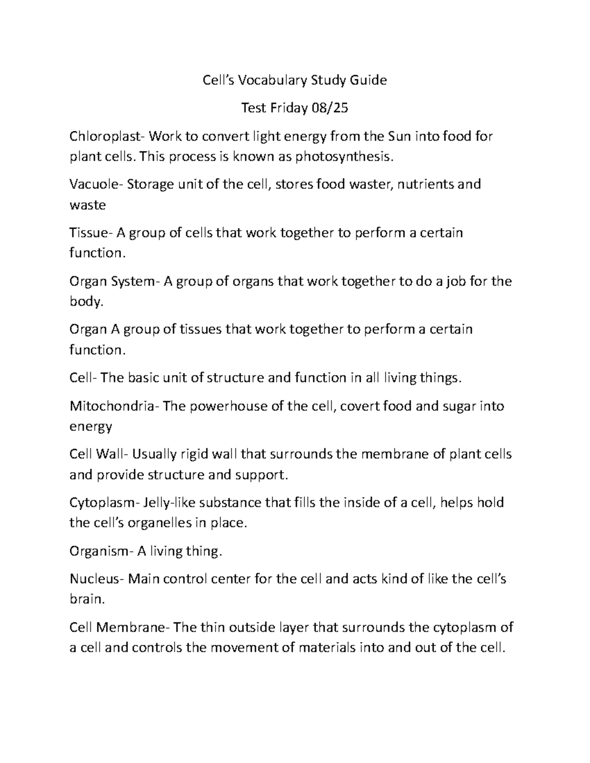 Cells Vocabulary Test - Cell’s Vocabulary Study Guide Test Friday 08 ...