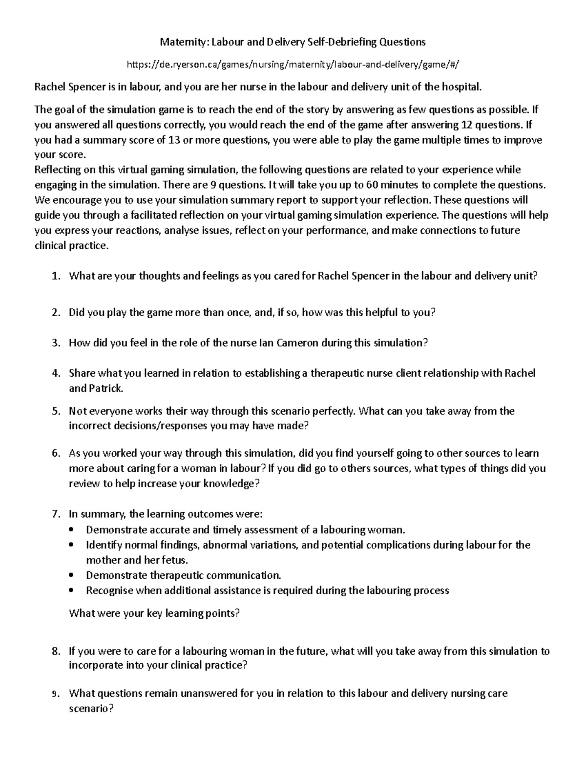 Labour and Delivery Debriefing Questions - - Studocu