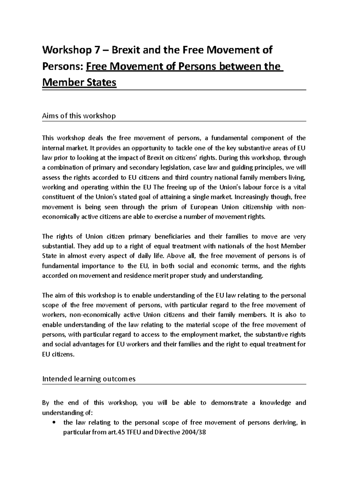 Eu seminar notes problem q - Workshop 7 – Brexit and the Free Movement ...