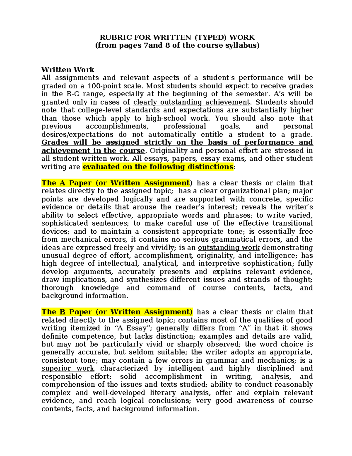 Rubric for Written Assignments - RUBRIC FOR WRITTEN (TYPED) WORK (from ...