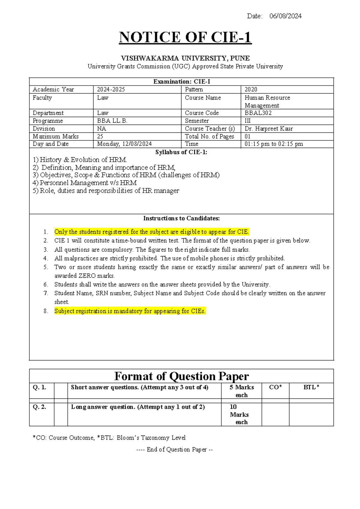 BBAL302 Notice CIE-1 - CIE - Date: 06/08/ NOTICE OF CIE- 1 VISHWAKARMA UNIVERSITY, PUNE ...