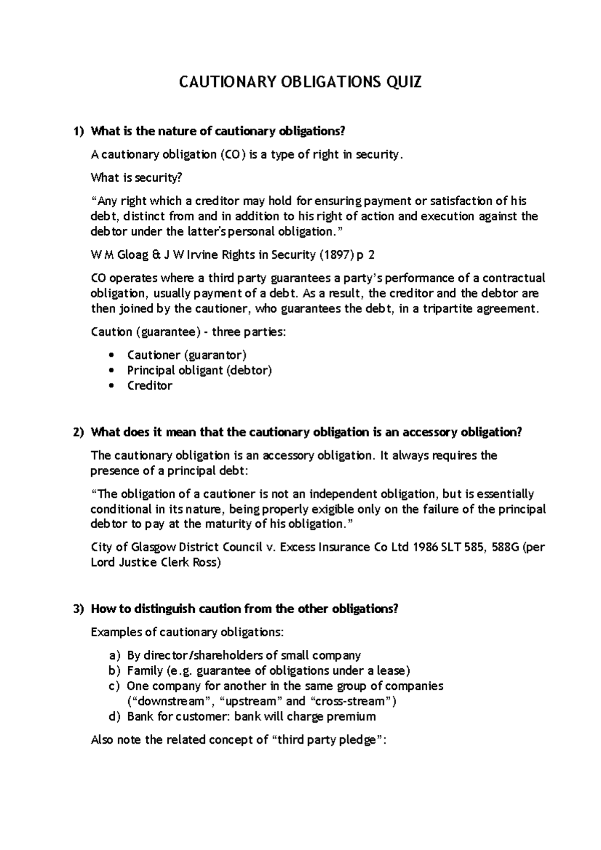Cautionary obligations quiz - CAUTIONARY OBLIGATIONS QUIZ 1) What is ...