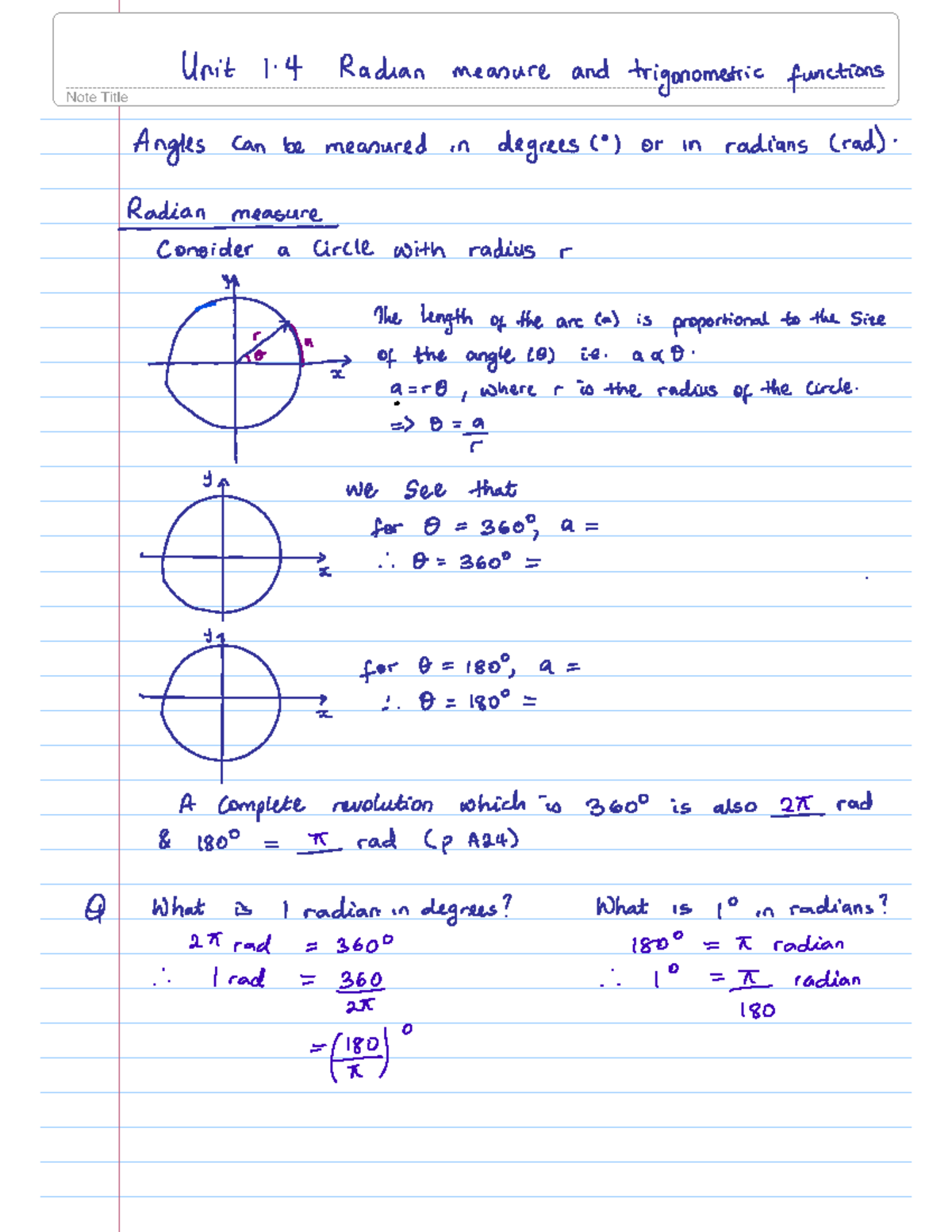 Unit 1.4 Radian measure and trigonometry - WTW 158 - Studocu