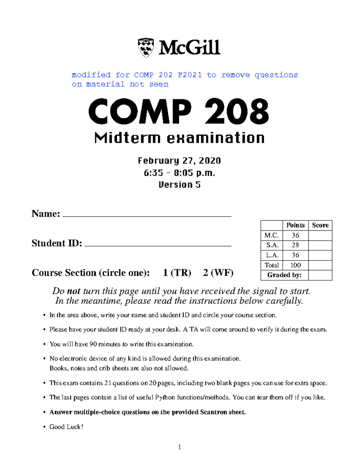 COMP208 W2020 Midterm - COMP 208 Midterm examination February 27, 2020 ...