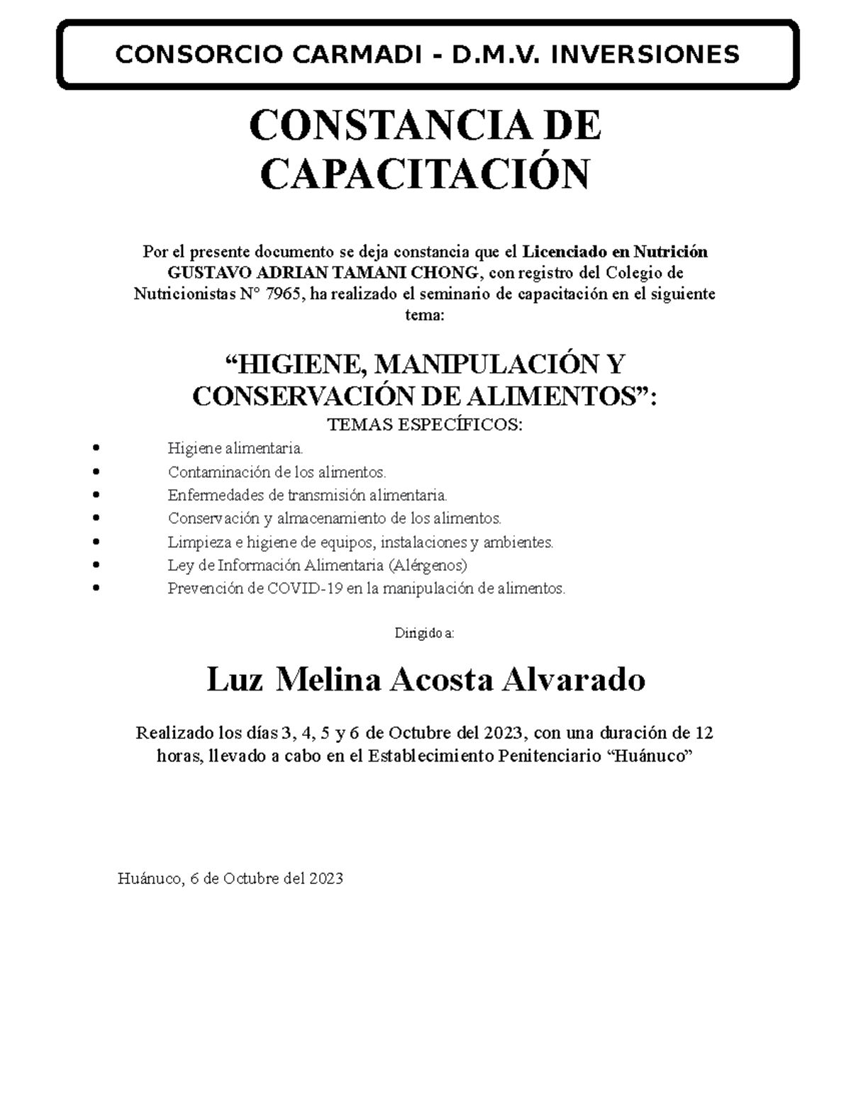 Capacitaciones PARA LA Region - CONSTANCIA DE CAPACITACIÓN Por el presente documento se deja ...