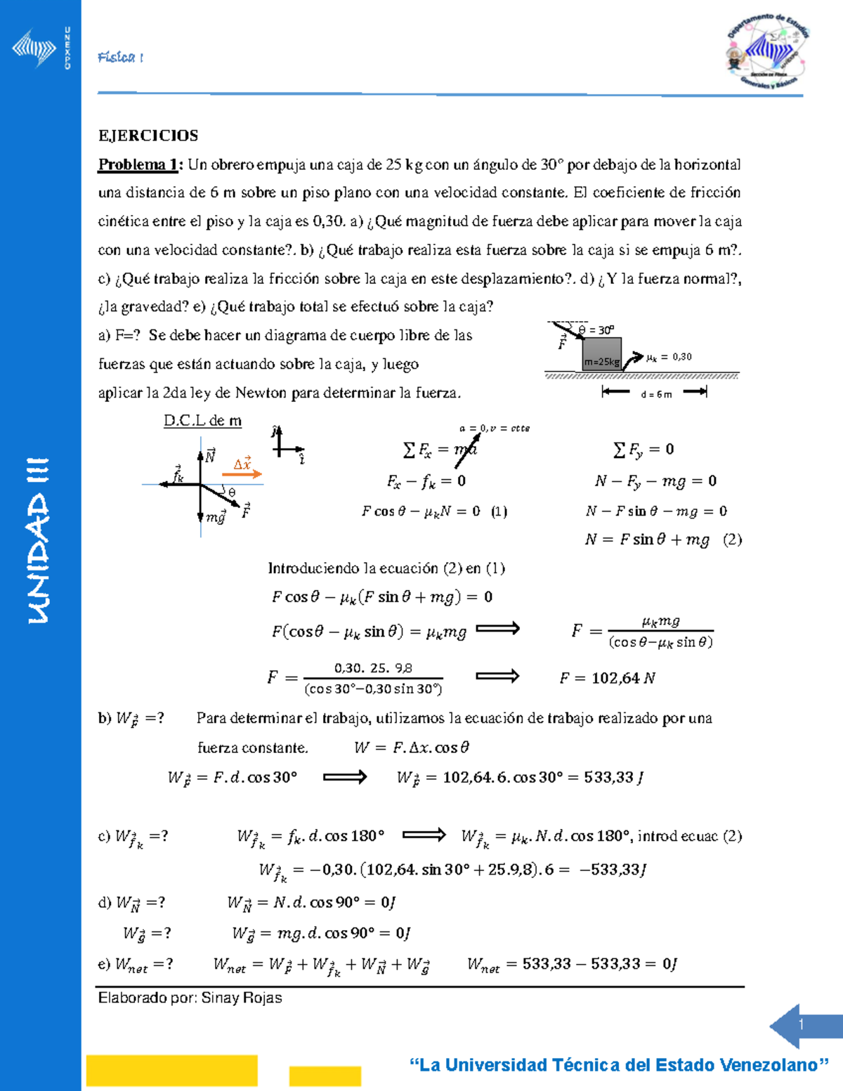Ejercicio de trabajo y energia - Elaborado por: Sinay Rojas 1 UNIDAD III EJERCICIOS Problema 1 ...