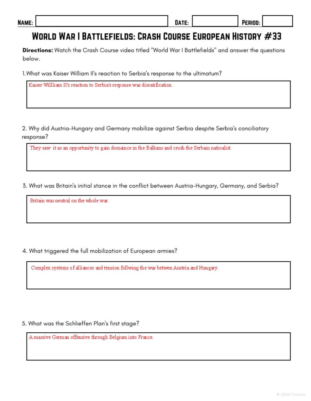 World War I Battlefields Crash Course Video Answers - NAME: DATE ...