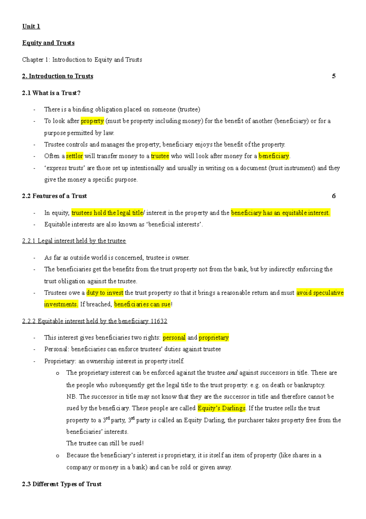 Prepare Notes - Trusts and Equity - Unit 1 Equity and Trusts Chapter 1 ...