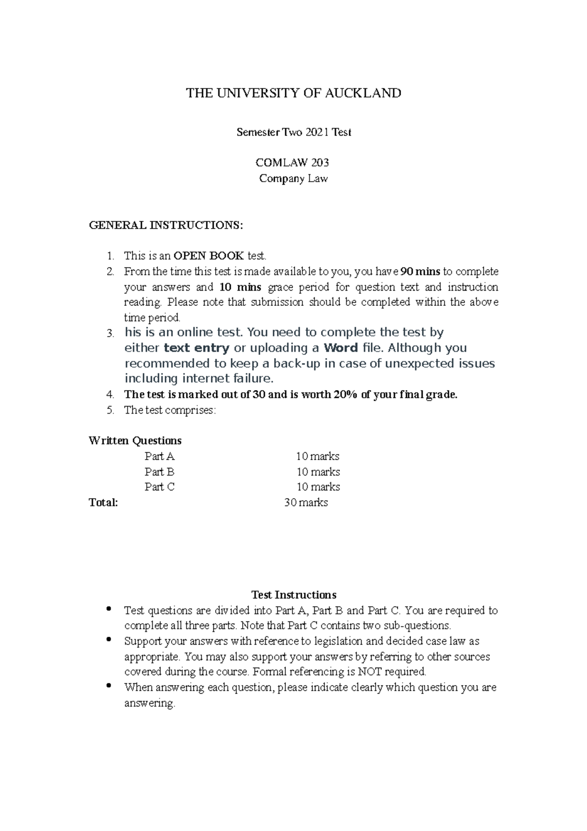 Comlaw 203 Test Question Sheet -1 - THE UNIVERSITY OF AUCKLAND Semester ...