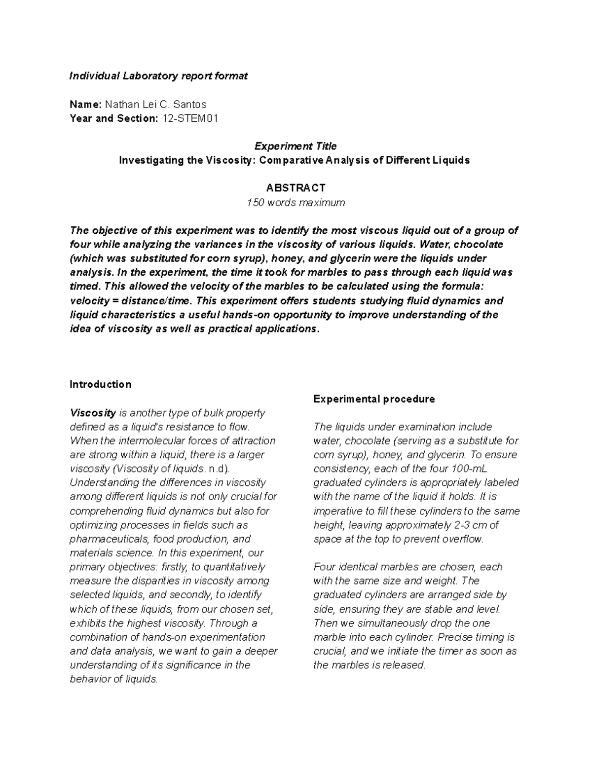 Individual Laboratory report format - Santos Year and Section: 12-STEM ...