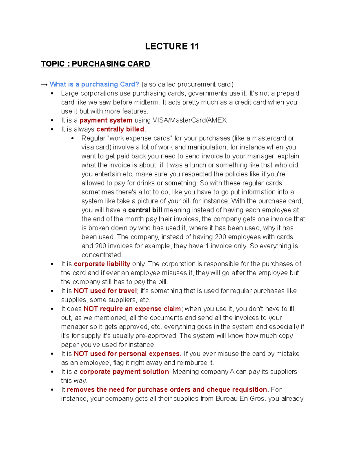 Fina 402- Chapter 11, part 1 - LECTURE 11 TOPIC : PURCHASING CARD → ...