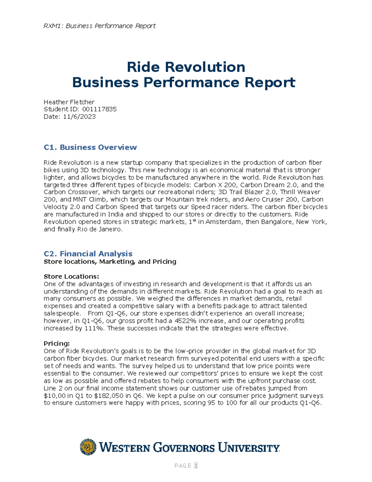 Business Performance Report- Ride Revolution - RXM1: Business ...