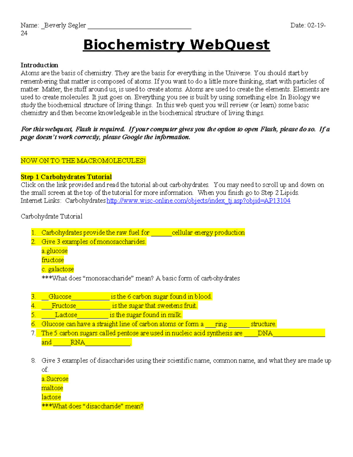 Biochemistry Web Quest - Name: _Beverly Segler ...