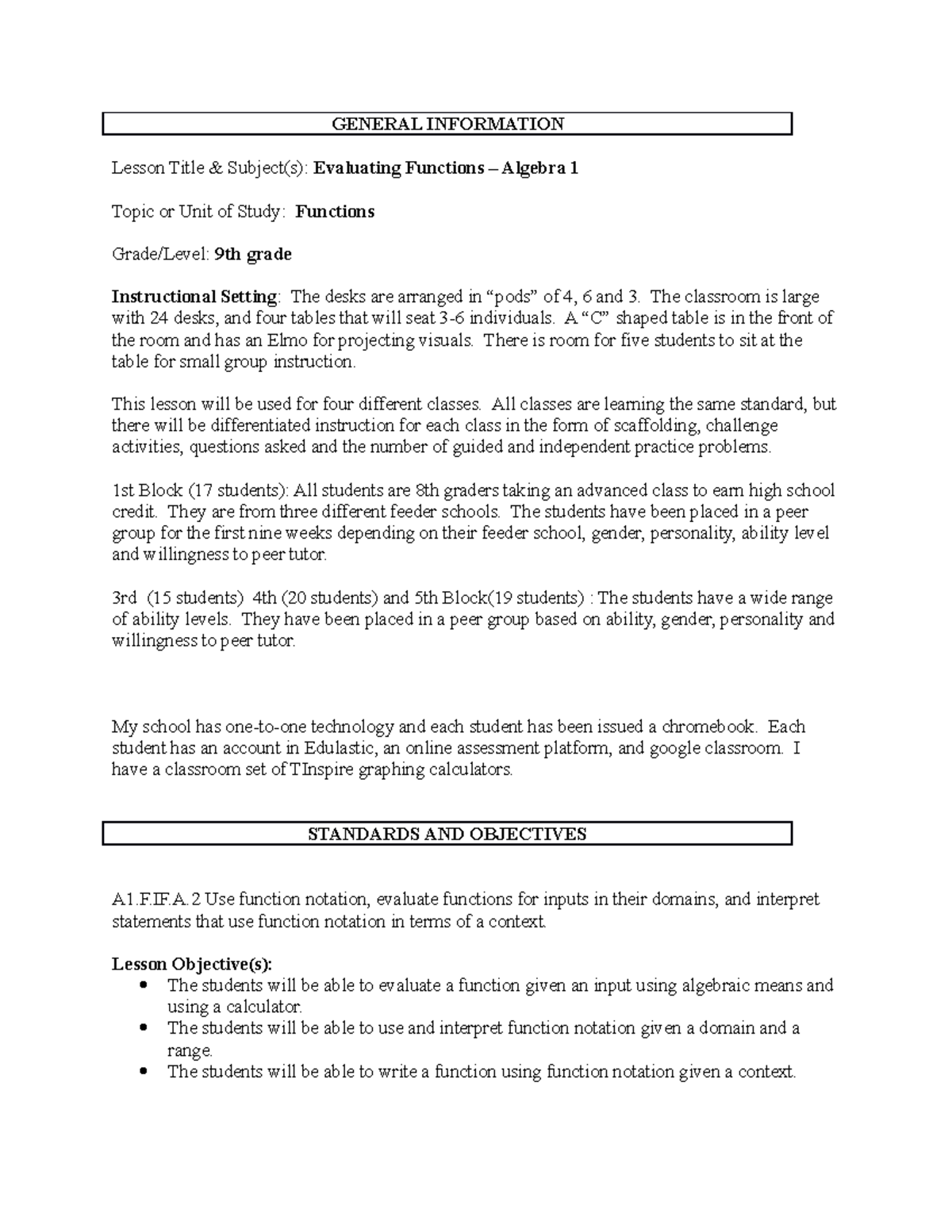 LP Evaluating Functions GENERAL INFORMATION Lesson Title Subject s