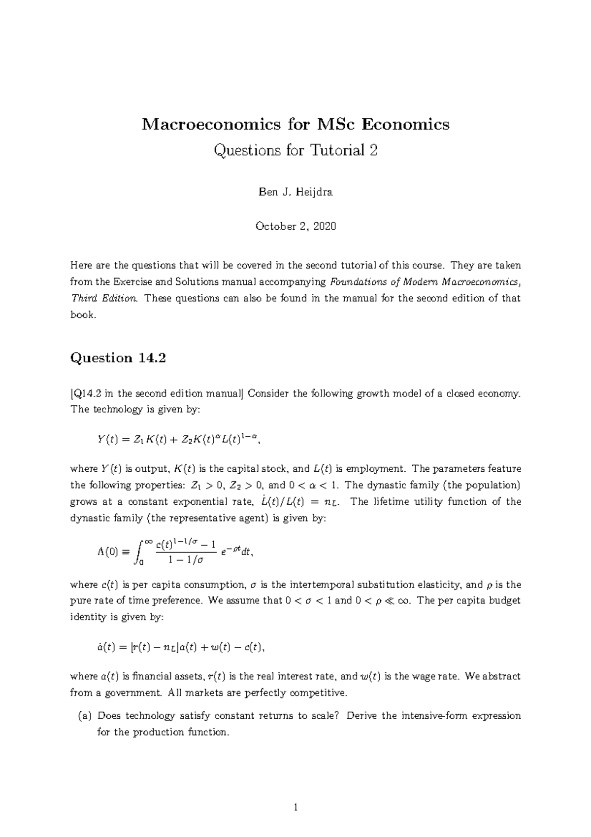 Macroeconomics for MSc Economics Questions for Tutorial 2 - Heijdra ...