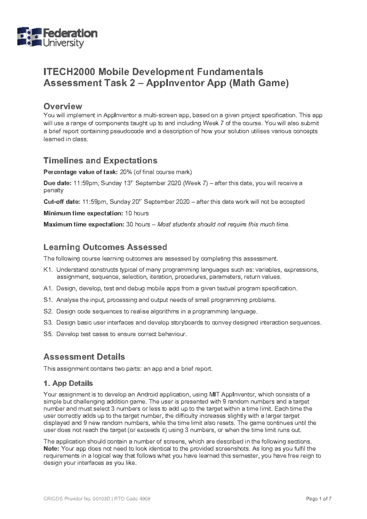 ITECH2000 Fed Uni-Assessment Task 2-2020 17 20 - Page 1 of 7 ITECH2000 Mobile Development - Studocu