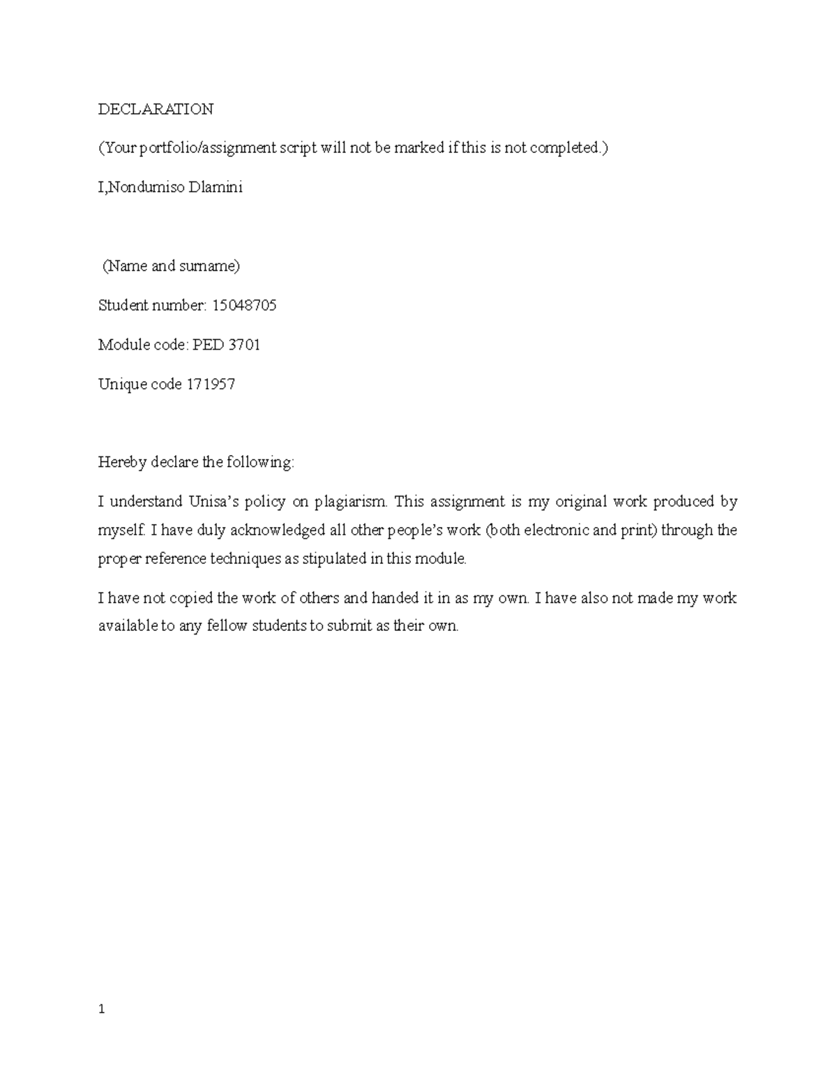 Ped assignment 2 - DECLARATION (Your portfolio/assignment script will ...