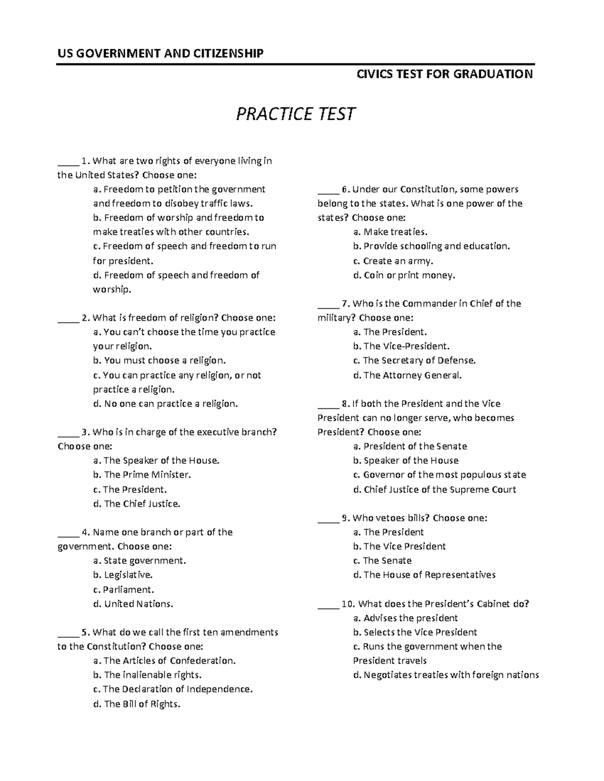 USGovernmentand Citizenship Test-Practice Test 2019 - US GOVERNMENT AND ...
