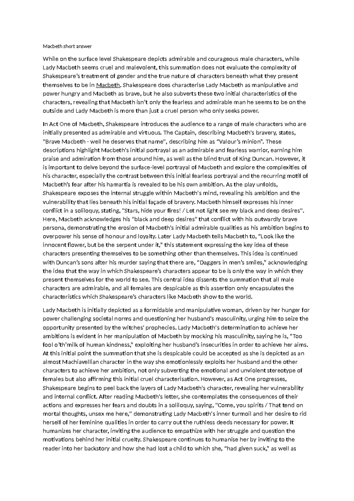 Macbeth short answer - Macbeth short answer While on the surface level ...