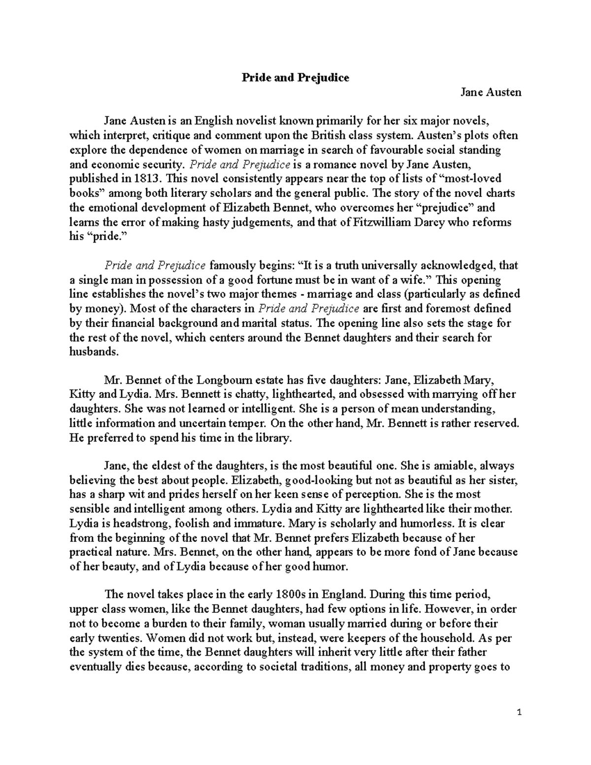 Pride and Prejudice - Notes - Pride and Prejudice Jane Austen Jane ...